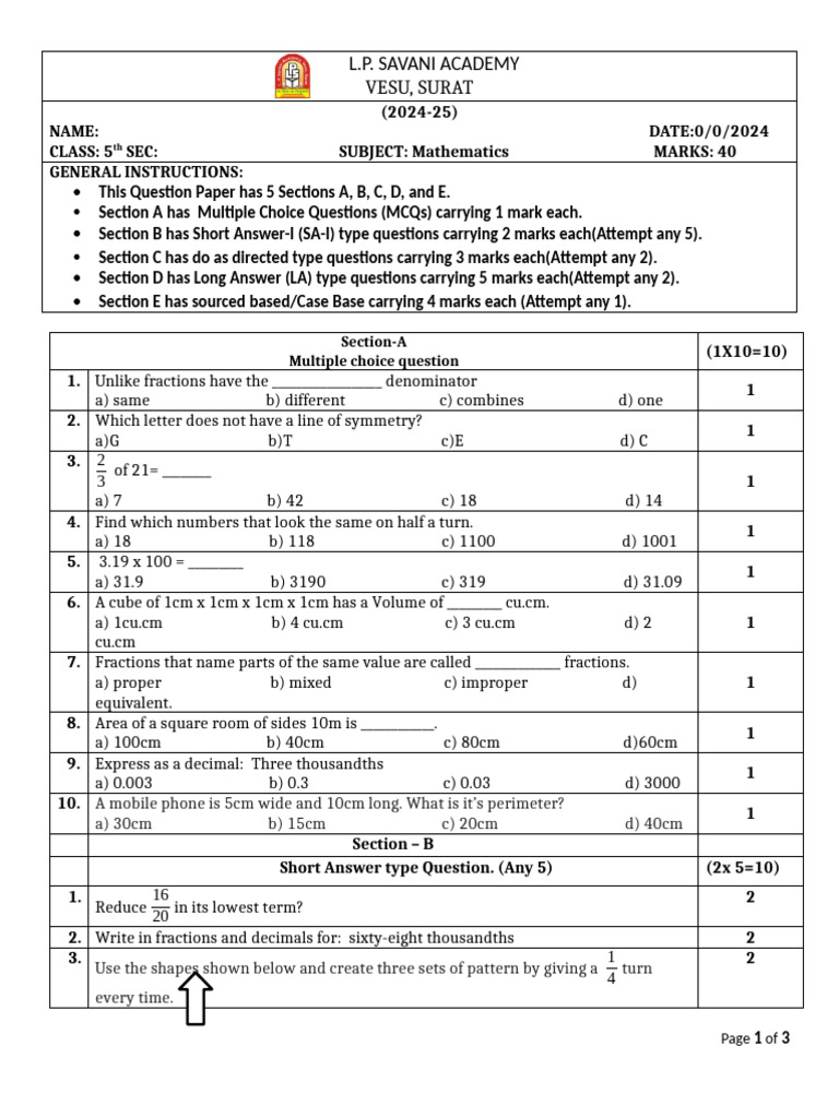 PT - 2 (Paper2) Maths Class 5 | PDF | Mathematics | Arithmetic