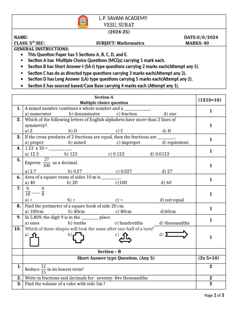 PT - 2 (Paper1) Maths Class 5 | PDF | Mathematical Concepts | Elementary Mathematics