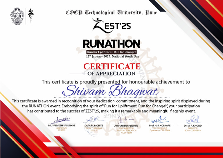 Download Shivam Bhagwat's Marathon Certificate | PDF