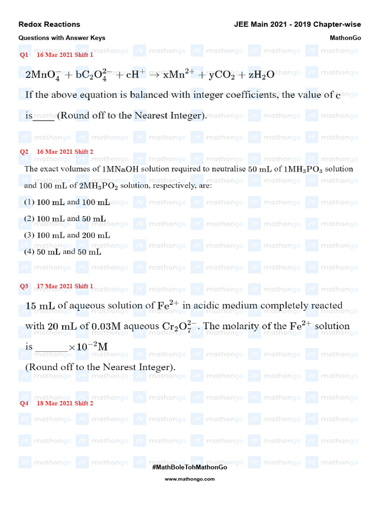 Redox Reactions - JEE Main 2021 - 2019 Chapter-Wise | PDF