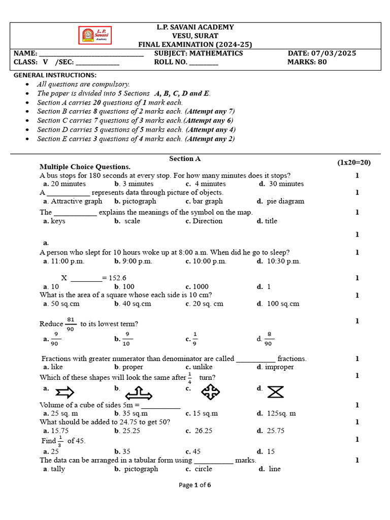 Final Exam Paper-2 Class 5 | PDF | Arithmetic | Mathematics