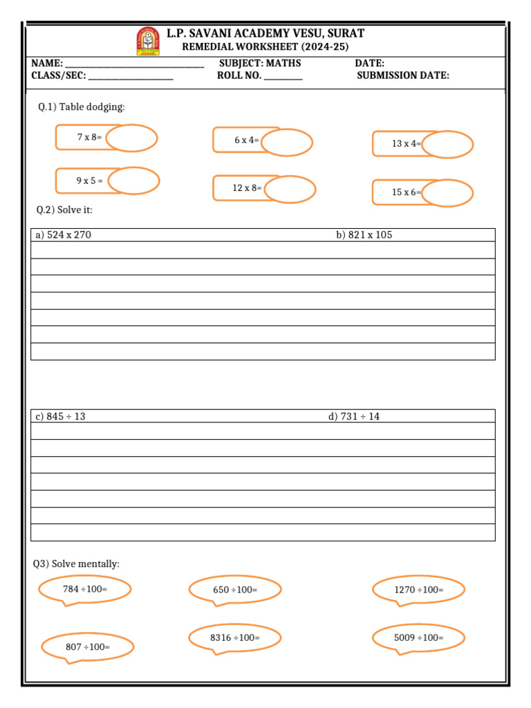 Maths remedial worksheet class 4 | PDF