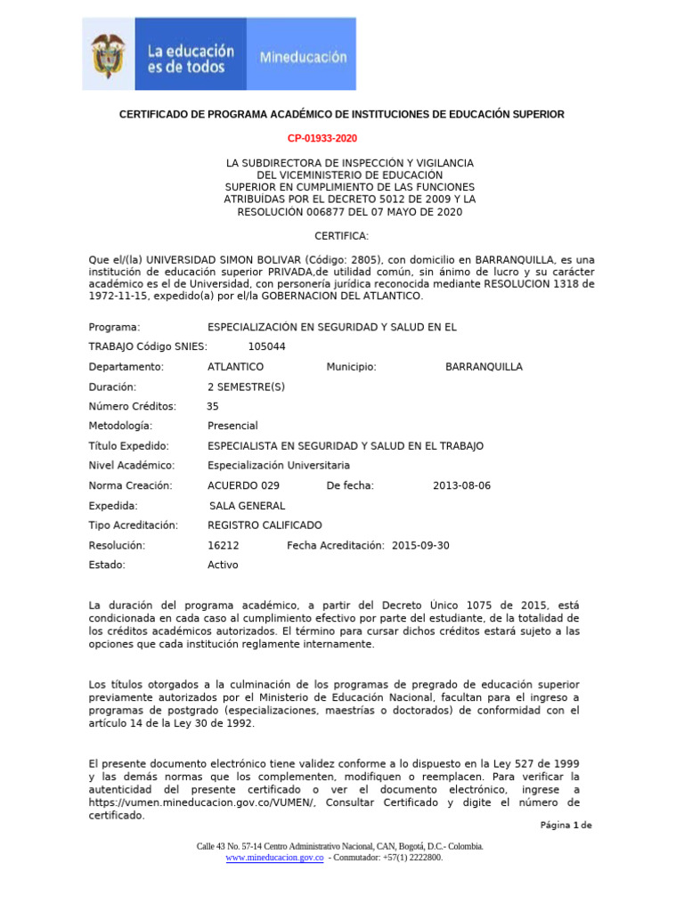 Certificado Simon Bolivar SNIES PDF | PDF | Colombia