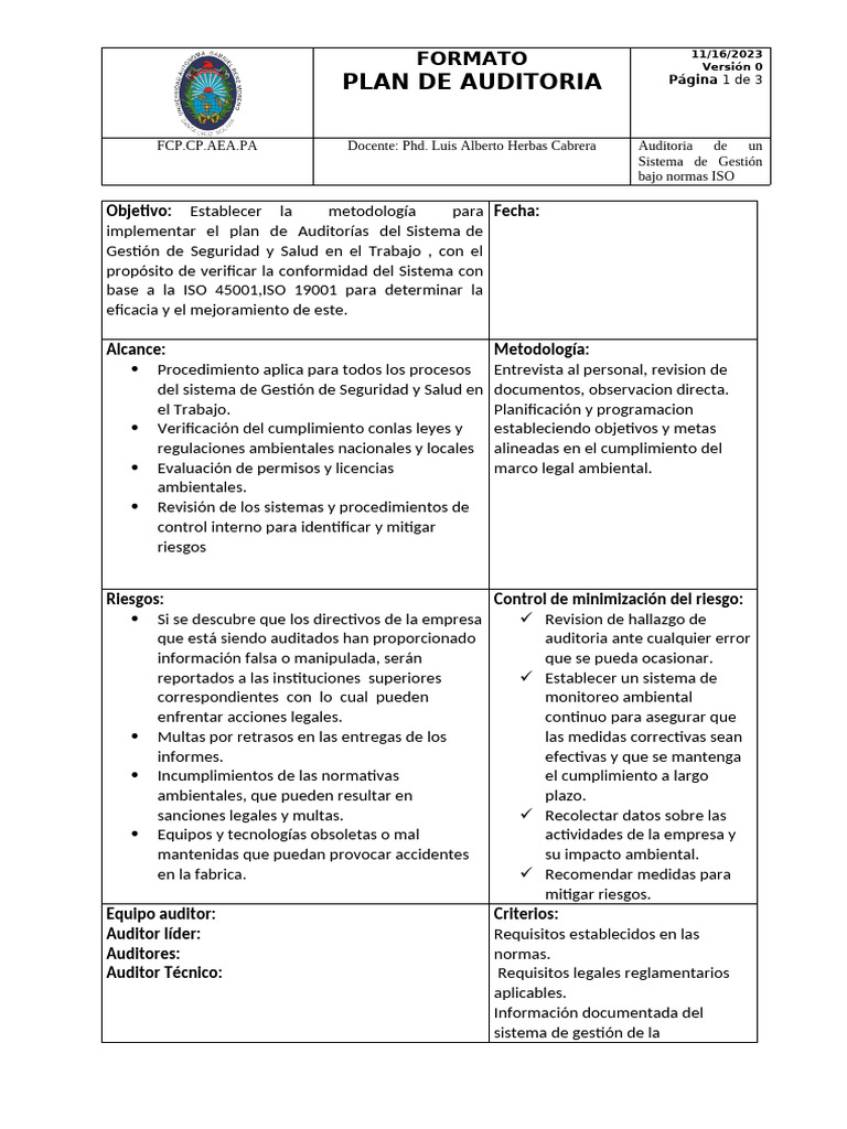 Fercha Plan de Auditoria 1 Soboce | PDF | Auditoría