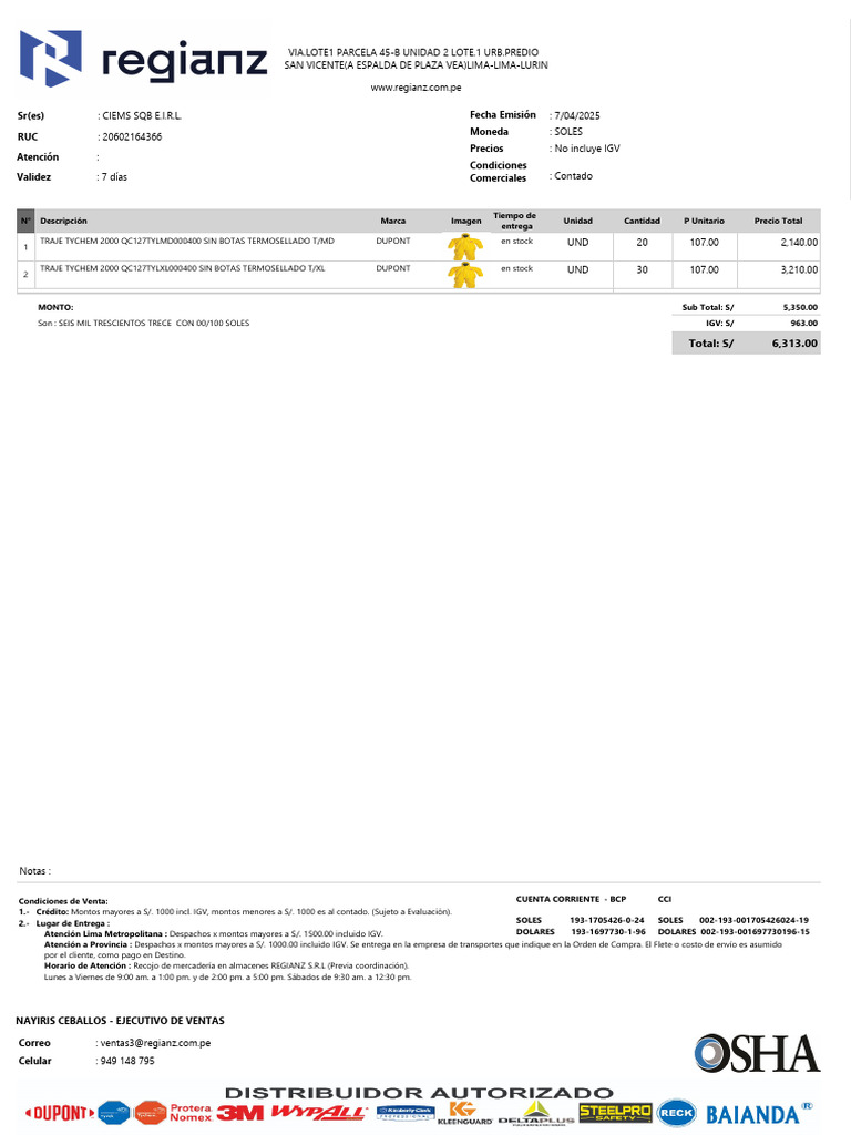 Cotización Trajes Tychem Regianz | PDF