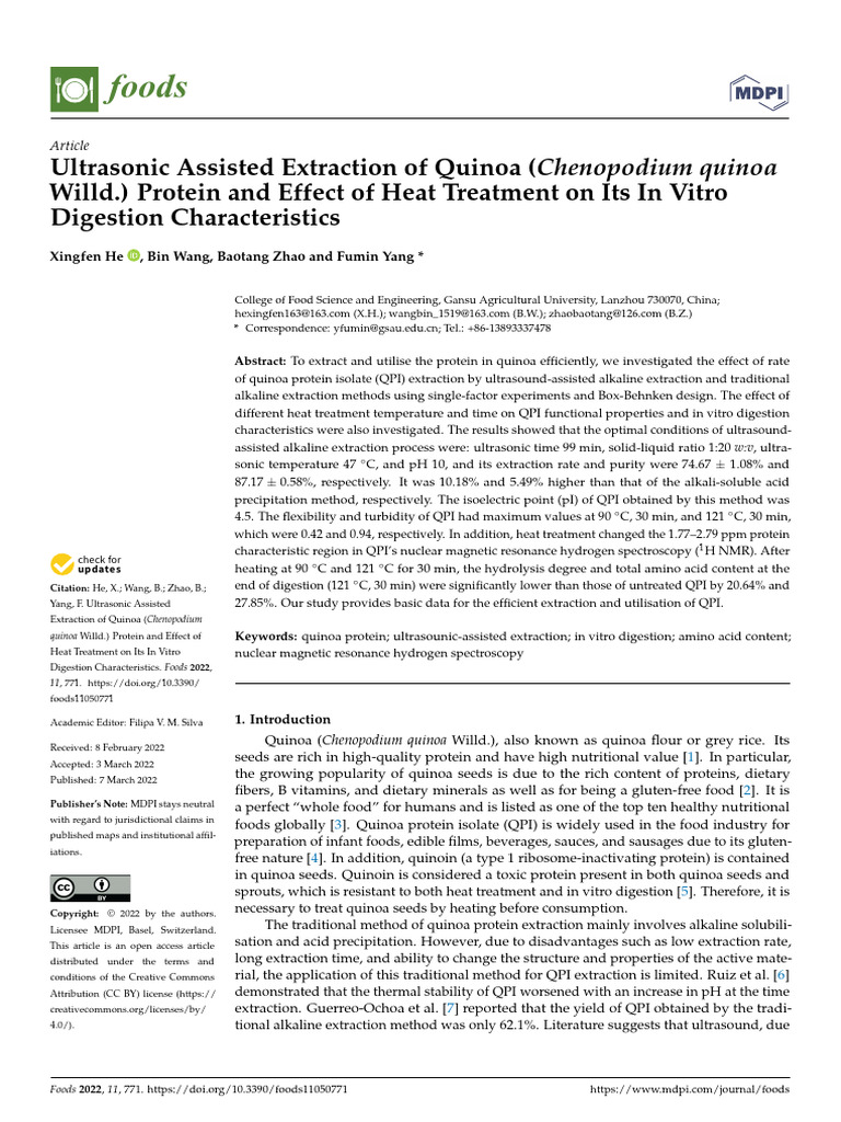 Ultrasonic Assisted Extraction of Quinoa Protein and Effect of Heat ...