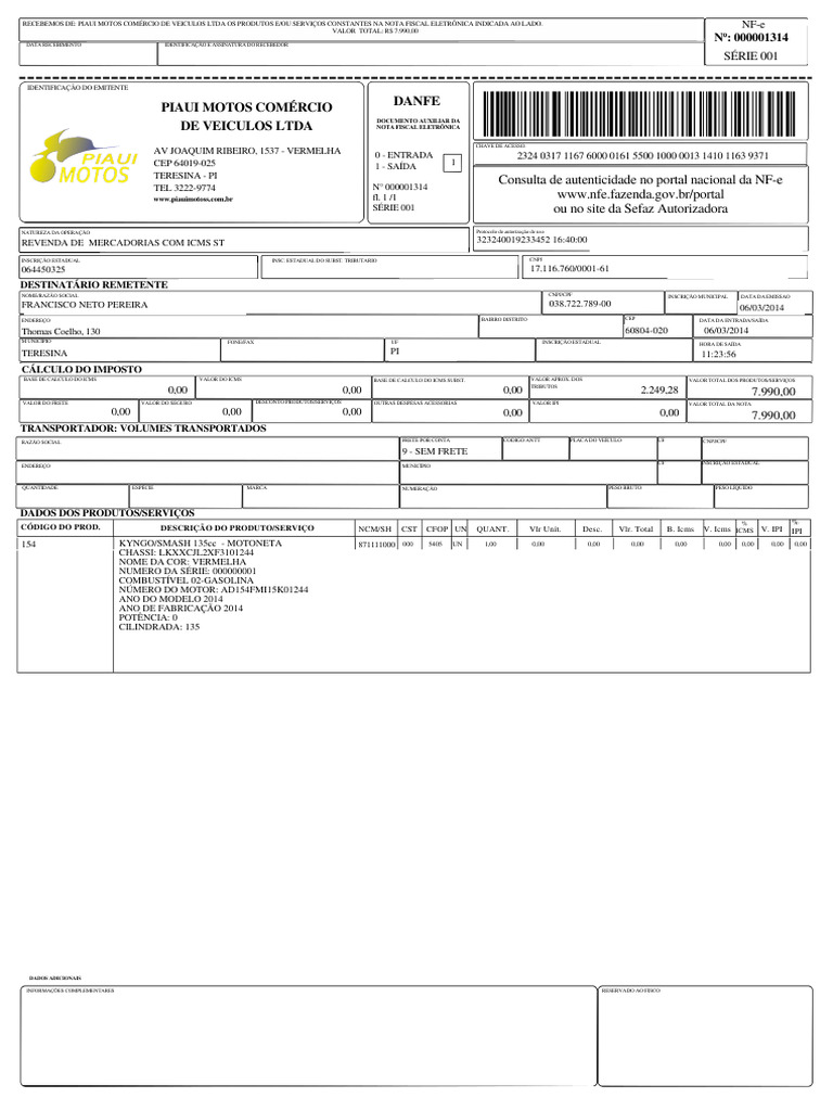 Características da Moto Kingo 135cc | PDF | Recibo