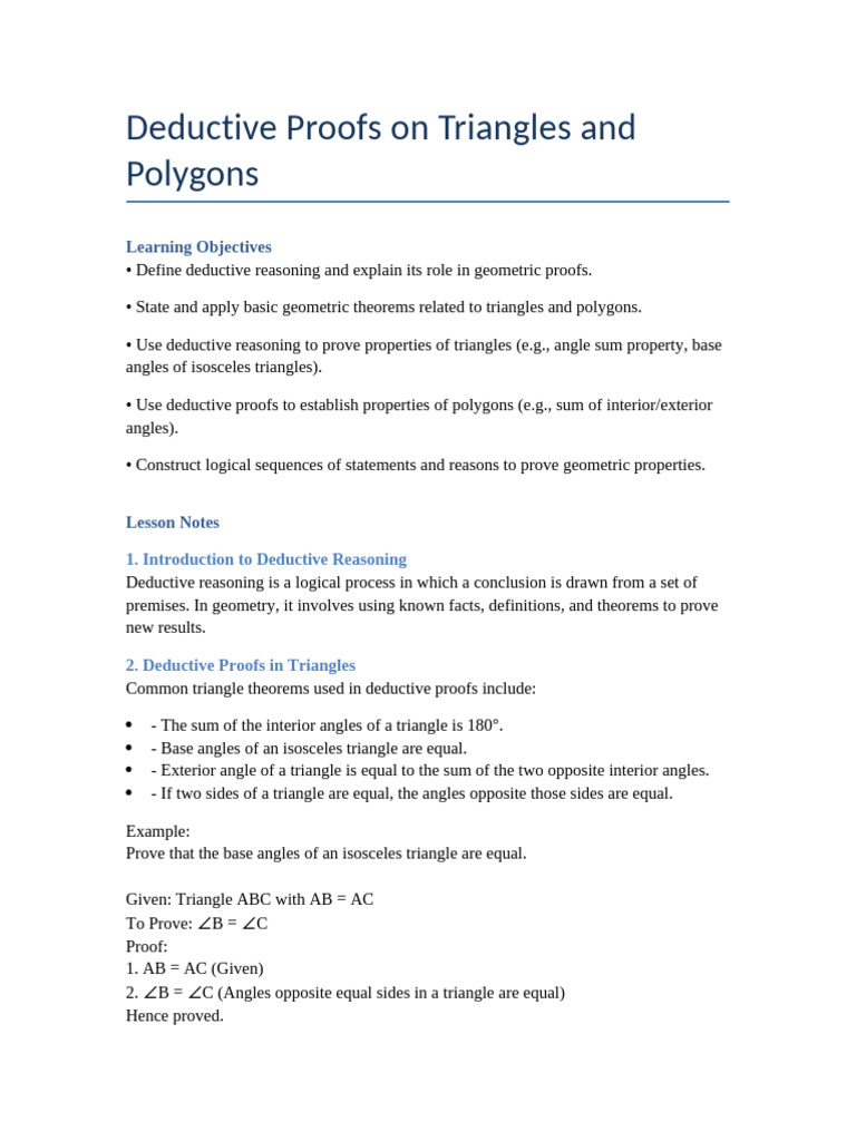 Deductive Proofs Triangles Polygons | PDF
