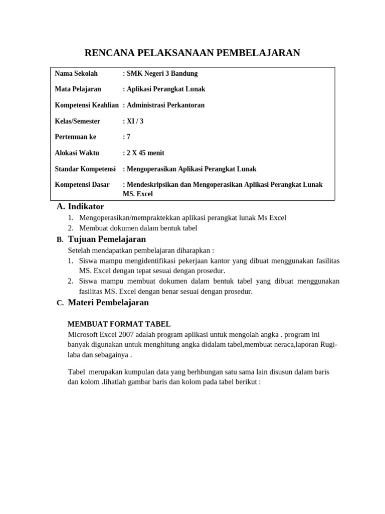 RPP SMK 3 BANDUNG 7 (Pengenalan Excel Dan Latihan Tabel) | PDF