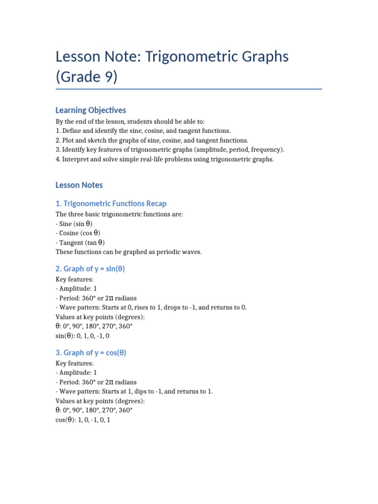 Trigonometric Graphs Lesson Grade9 | PDF