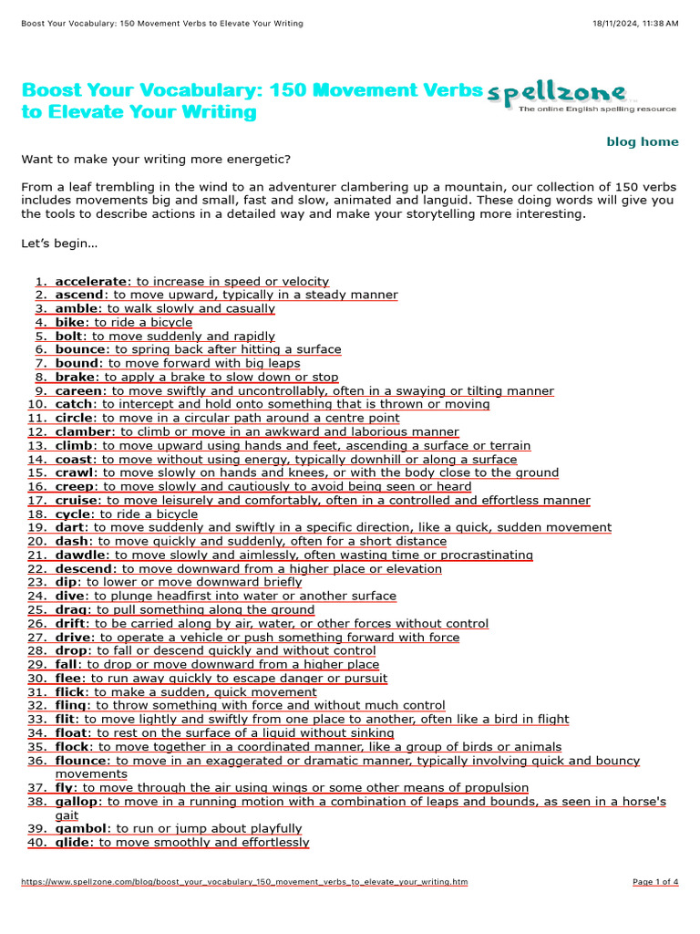 150 Dynamic Movement Verbs List | PDF | Horse Gait | English Language