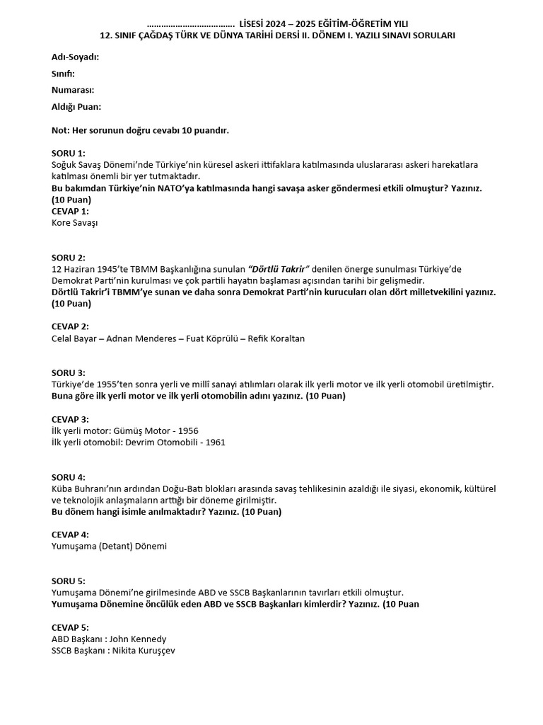12 Çağdaş Türk Ve D.tar. Ii - Dönem I.yazili Cevap Anahtari | PDF