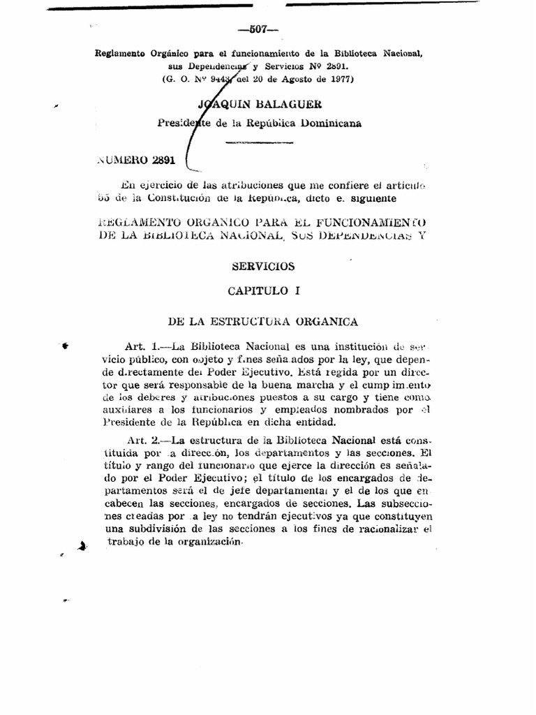 Reglamento No. 2891-77 Reglamento Orgánico para El Funcionamiento de La Biblioteca Nacional y ...