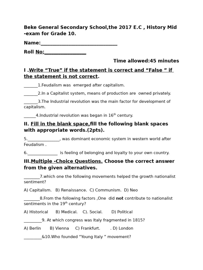 Grade 10 History Mid-Exam 2017 E.C. | PDF | Italy | Europe