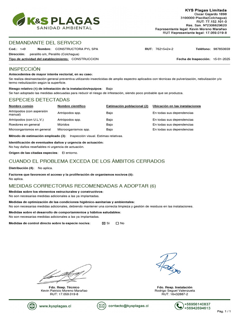 Inspección de Plagas en Constructora PYL | PDF
