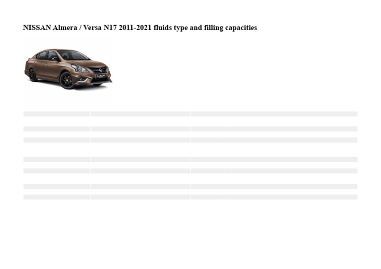 Nissan Almera N17 Fluid Capacities Guide | PDF | Motor Oil | Land Vehicles