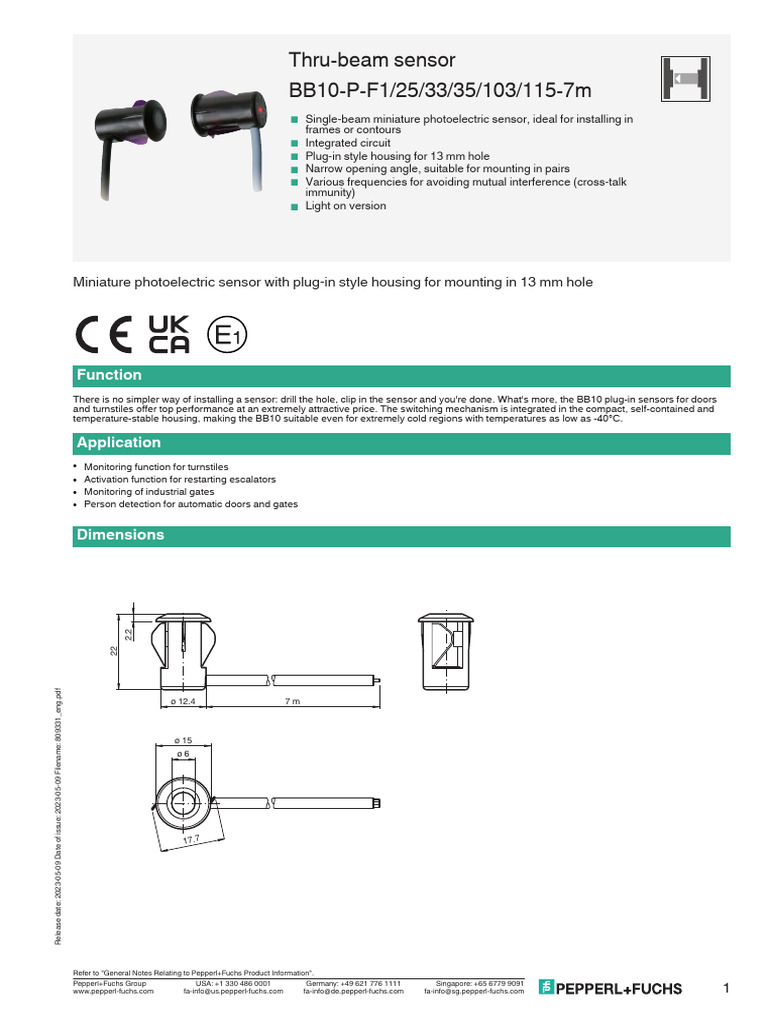 Thru-Beam Sensor BB10-P-F1/25/33/35/103/115-7m: Function | PDF