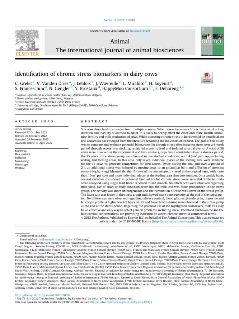 Chronic Stress Biomarkers in Dairy Cows | PDF | Stress (Biology) | Cattle