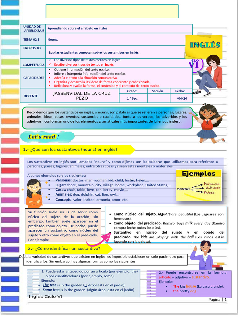 1°y2° INGL.FICHA ACTV 02.1.UNIDAD 01 (3) | PDF | Sustantivo | Plural