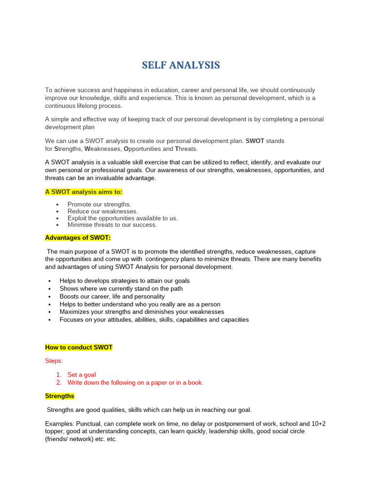 Personal Development via SWOT & Johari Window | PDF | Swot Analysis | Goal