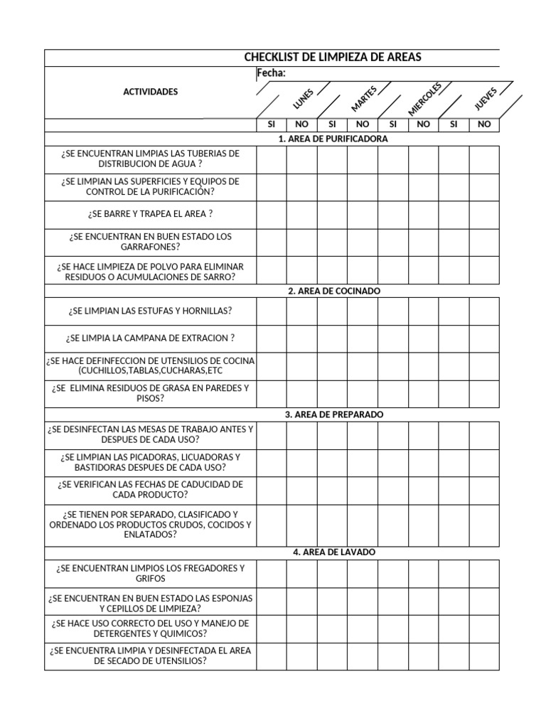Checklist De Limpieza Y Mantenimiento Pdf