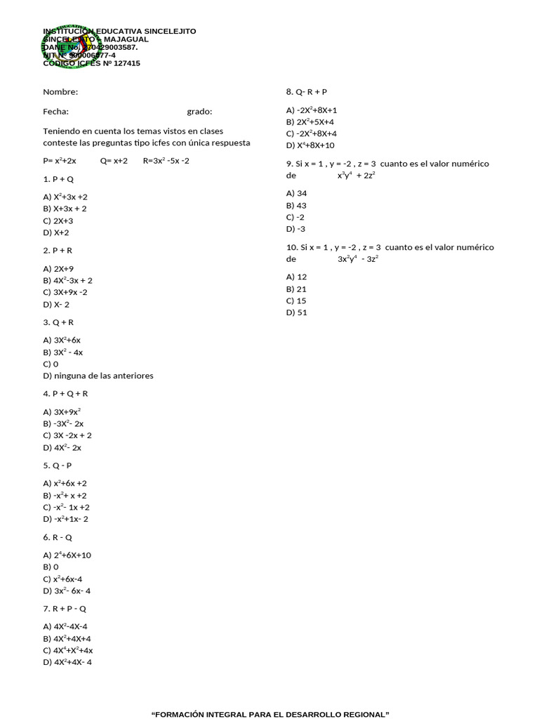 Examen 1 Periodo Matematicas 8° | PDF
