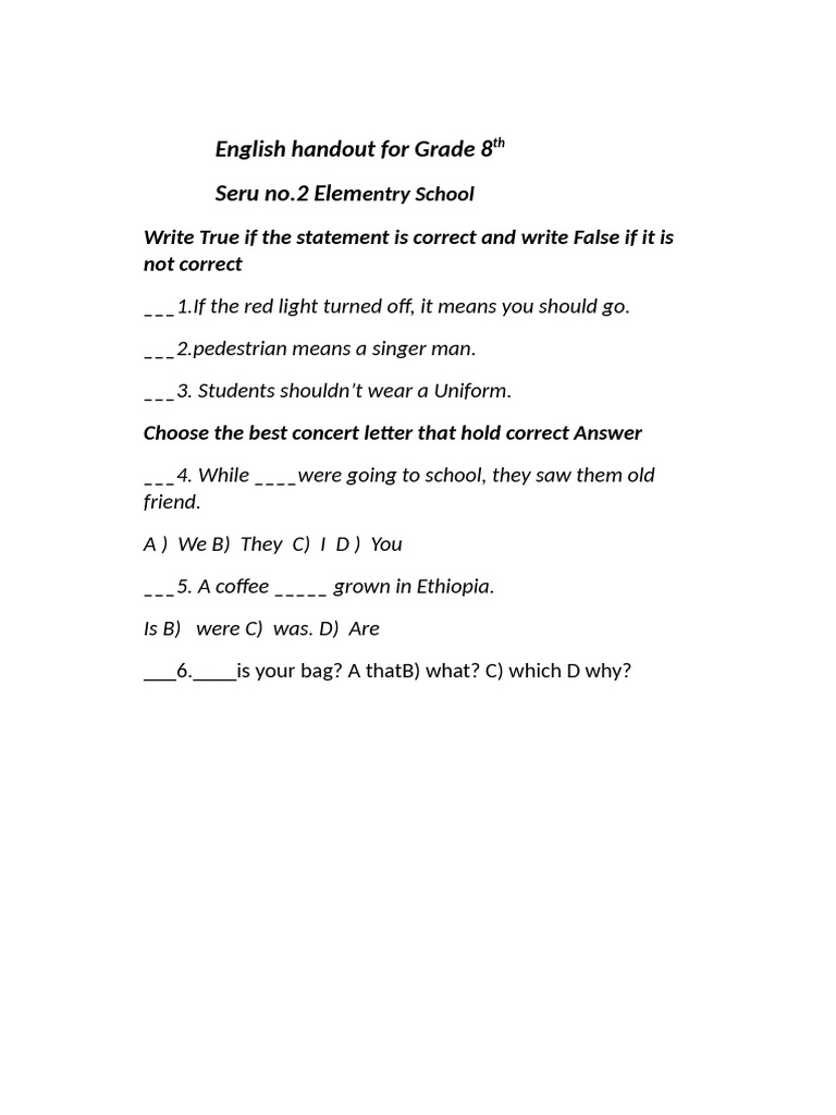 English Handout For Grade 8 Seru No.2 Elem | PDF