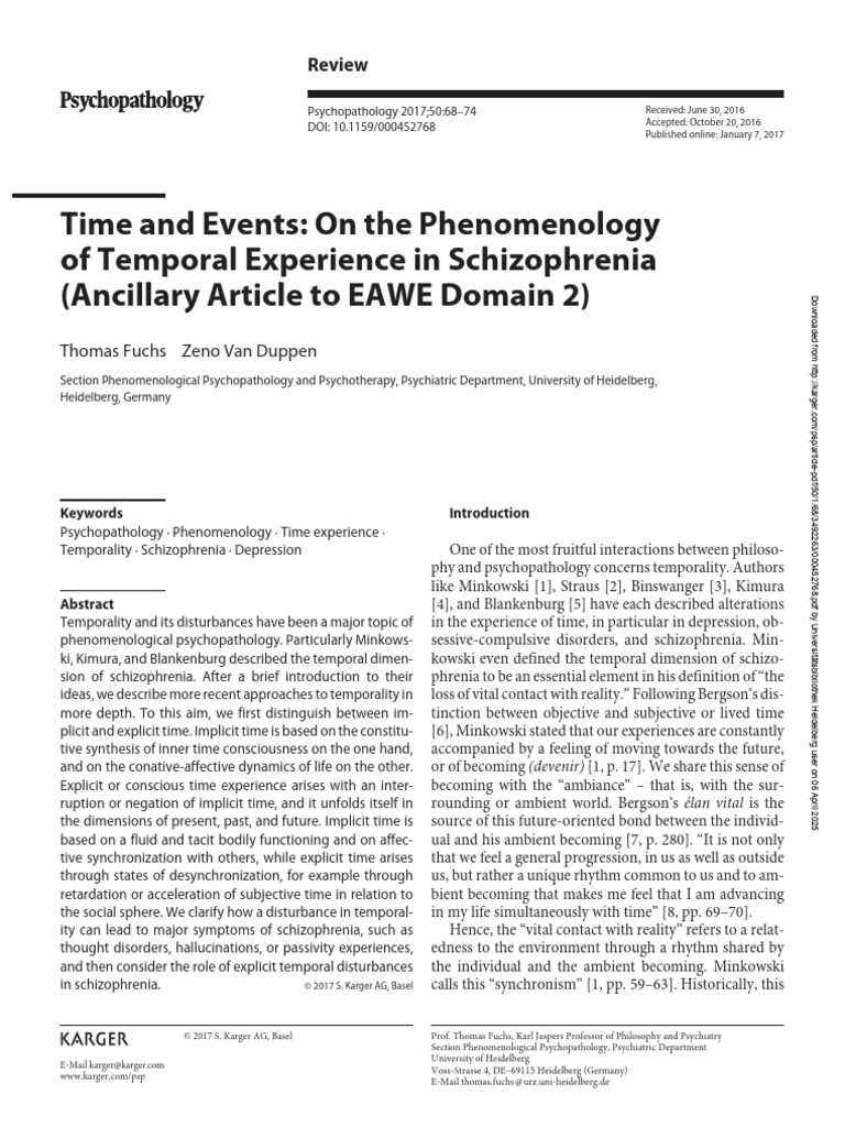 Fuchs-Time and Events On the Phenomenology of Temporal Experience in Schizophrenia | PDF ...