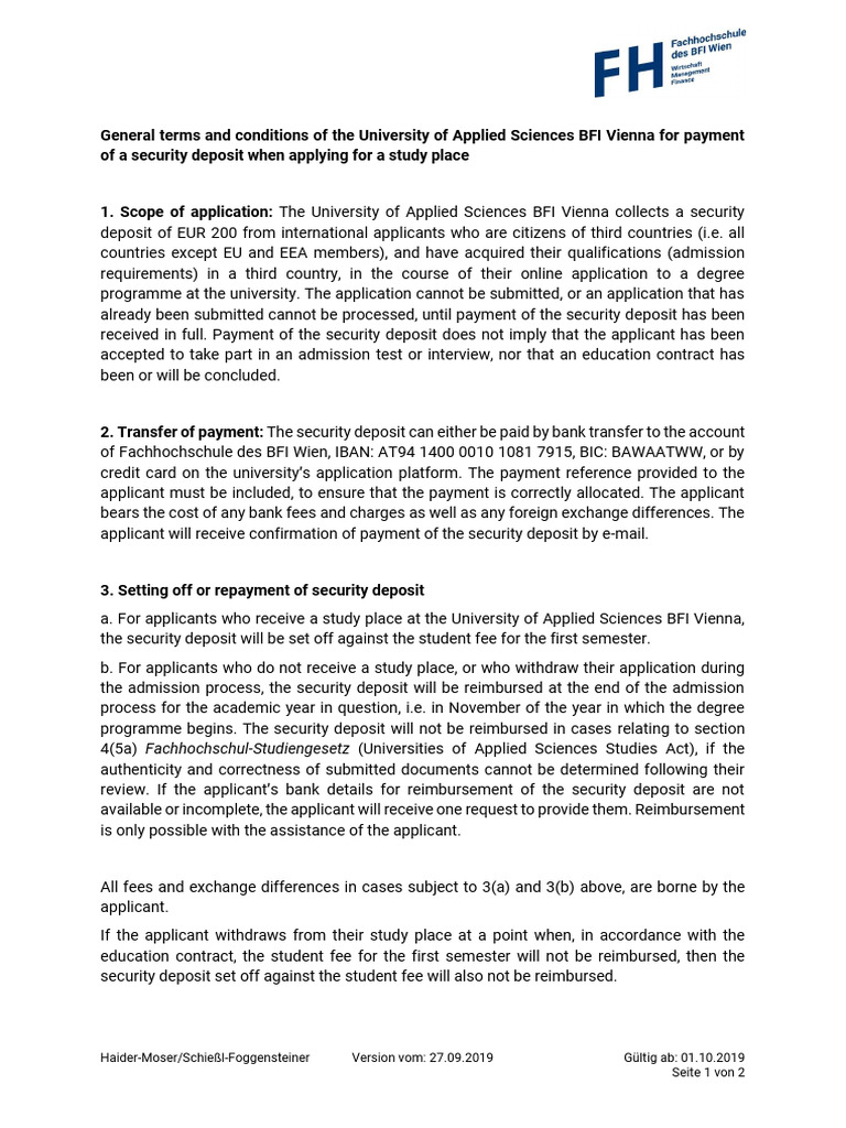 Security Deposit Terms for BFI Vienna | PDF | Payments | Banks