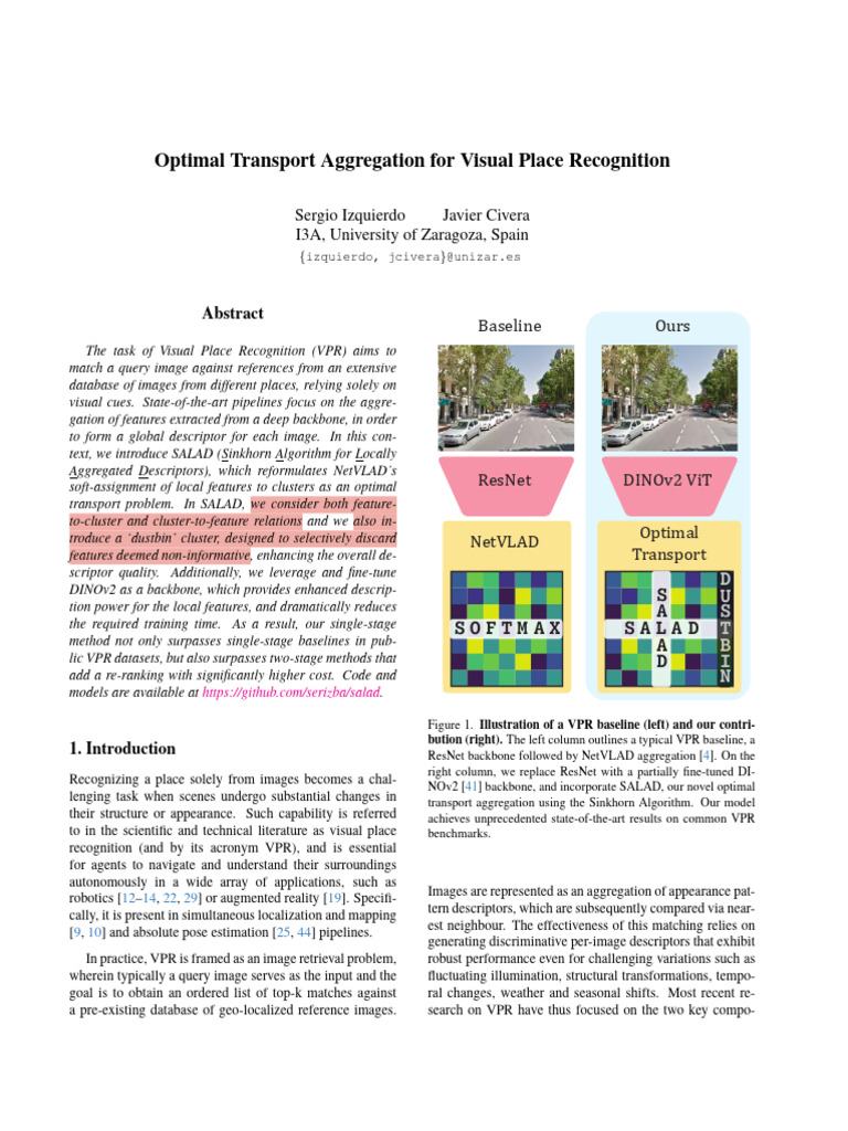 Optimal Transport Aggregation For Visual Place Recognition | PDF | Artificial Intelligence ...