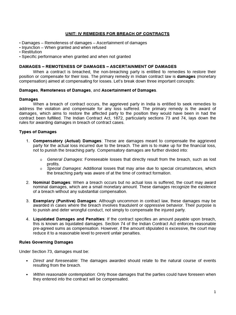 Remedies for Breach of Contracts in India | PDF | Damages | Specific Performance