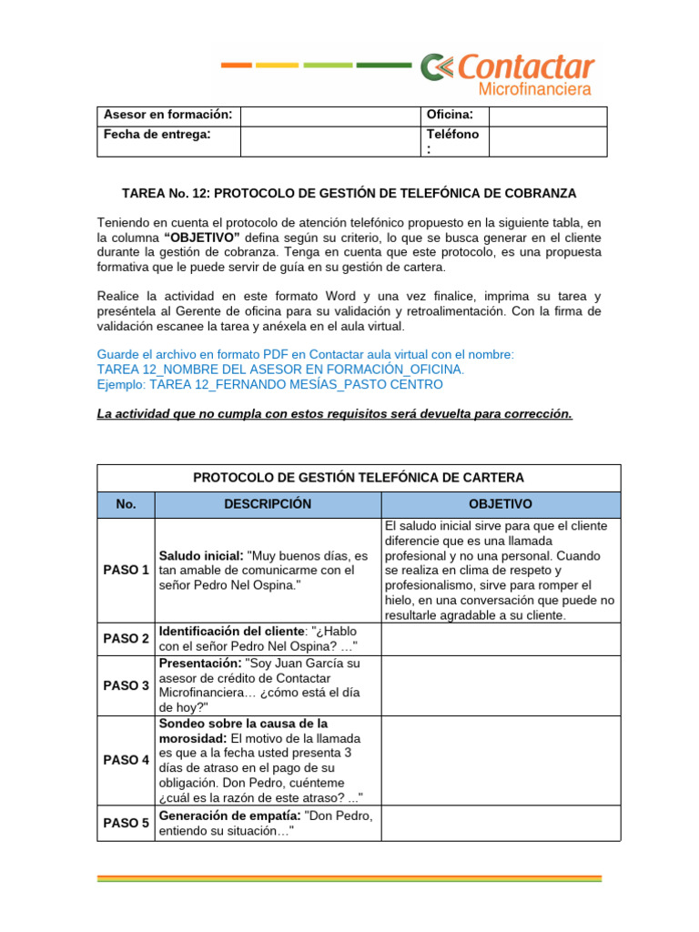 Tarea 12 Protocolo de Gestion Telefonica de Cartera | PDF