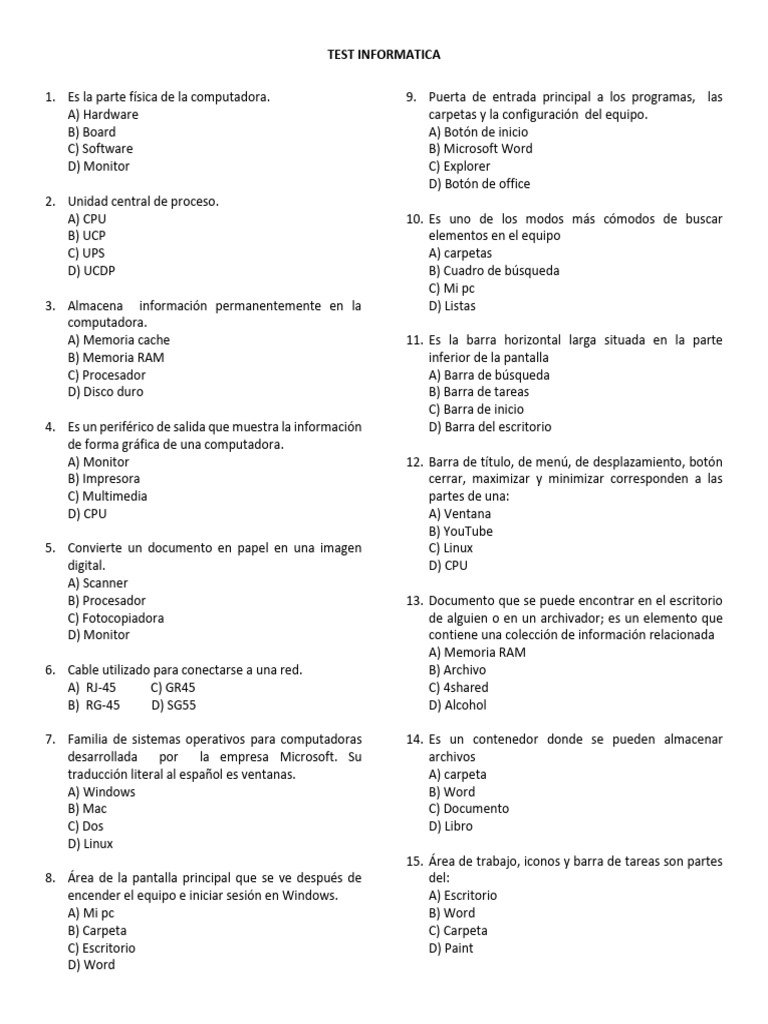 Test Informatica | PDF | Microsoft | Unidad Central de procesamiento