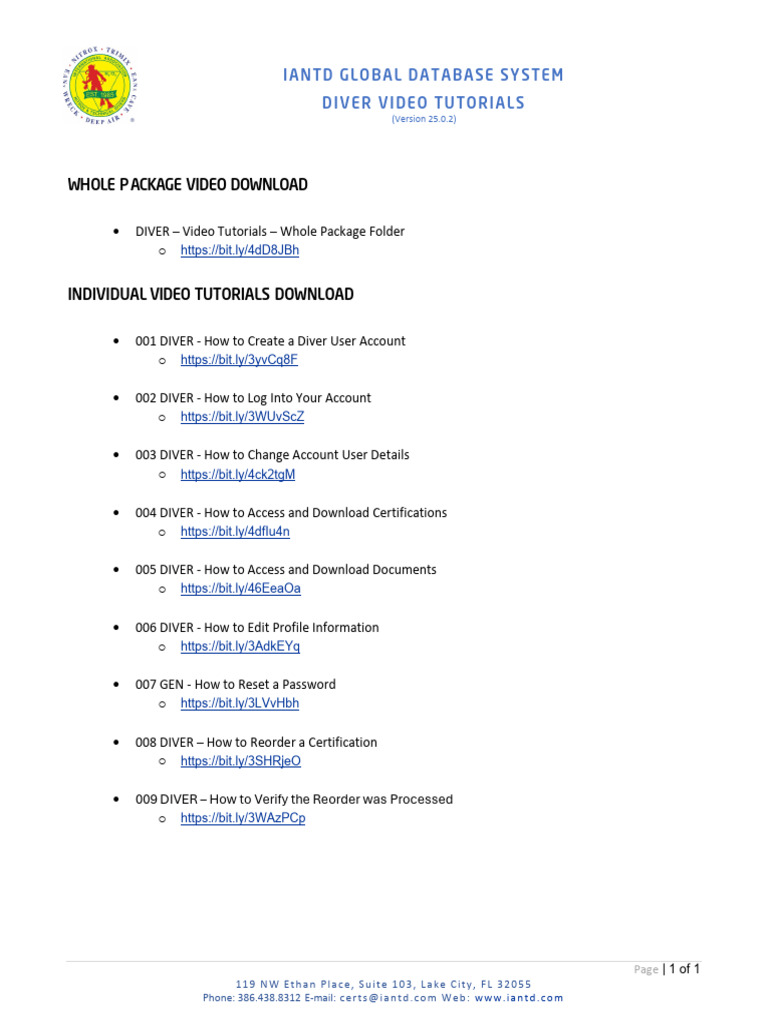 IANTD Diver Video Tutorials Guide | PDF