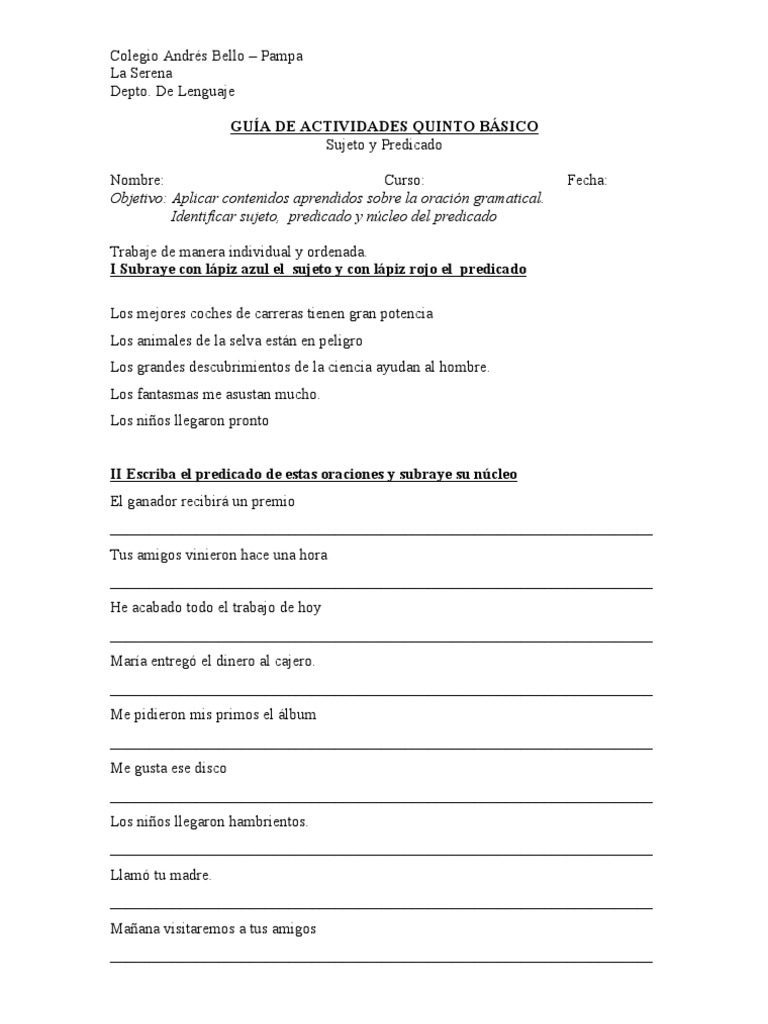 guía actividades sujeto y predicado