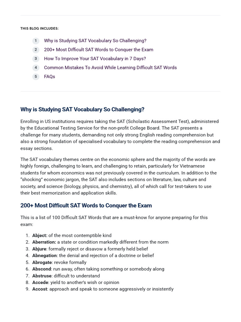 Most Difficult SAT Words in 2024 - Leverage Edu | PDF | Vocabulary | Sat