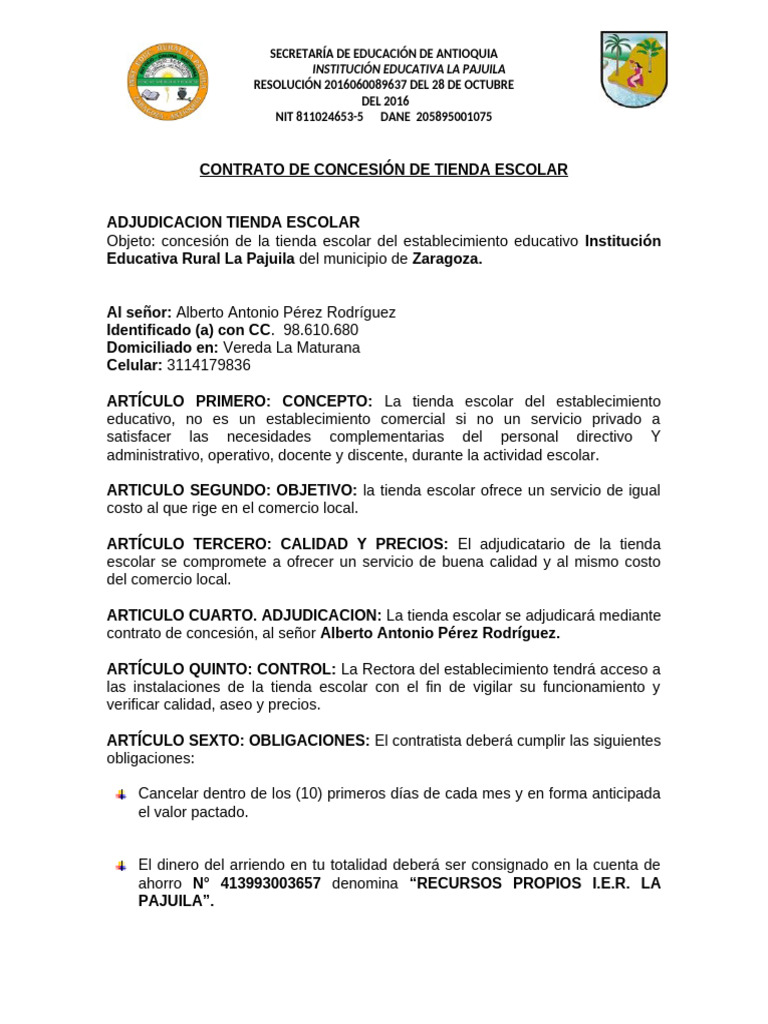 Contrato Tienda Escolar I.E.R. La Pajuila | PDF
