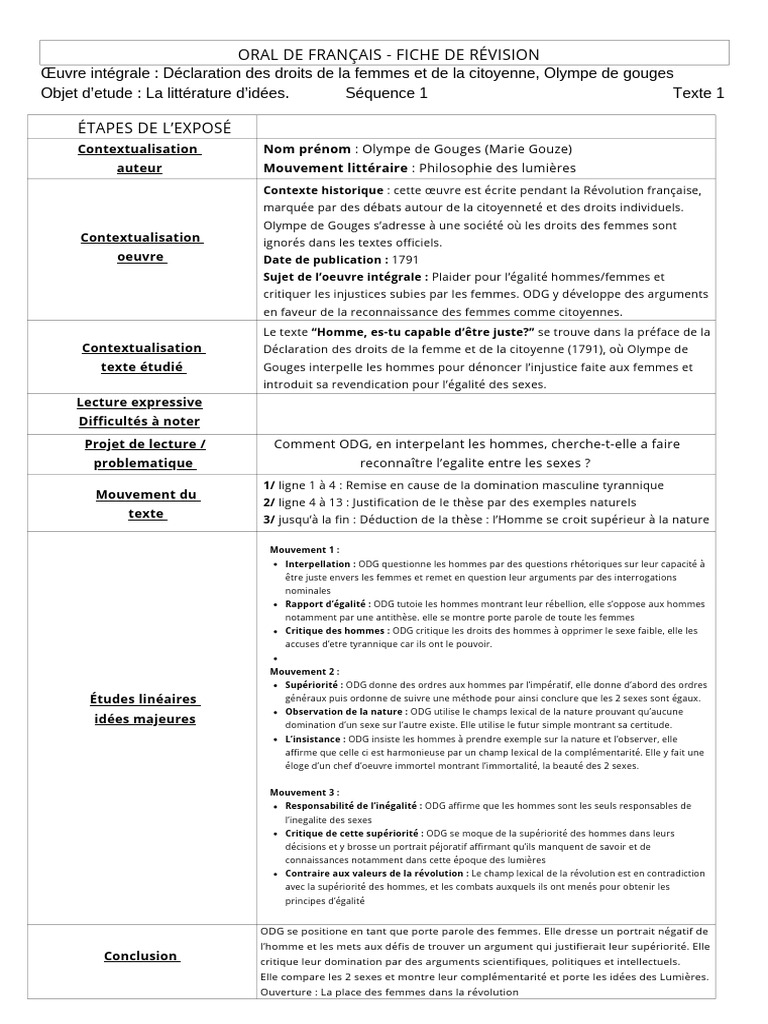 Fiche de Révision Oral Bac 1:4 | PDF