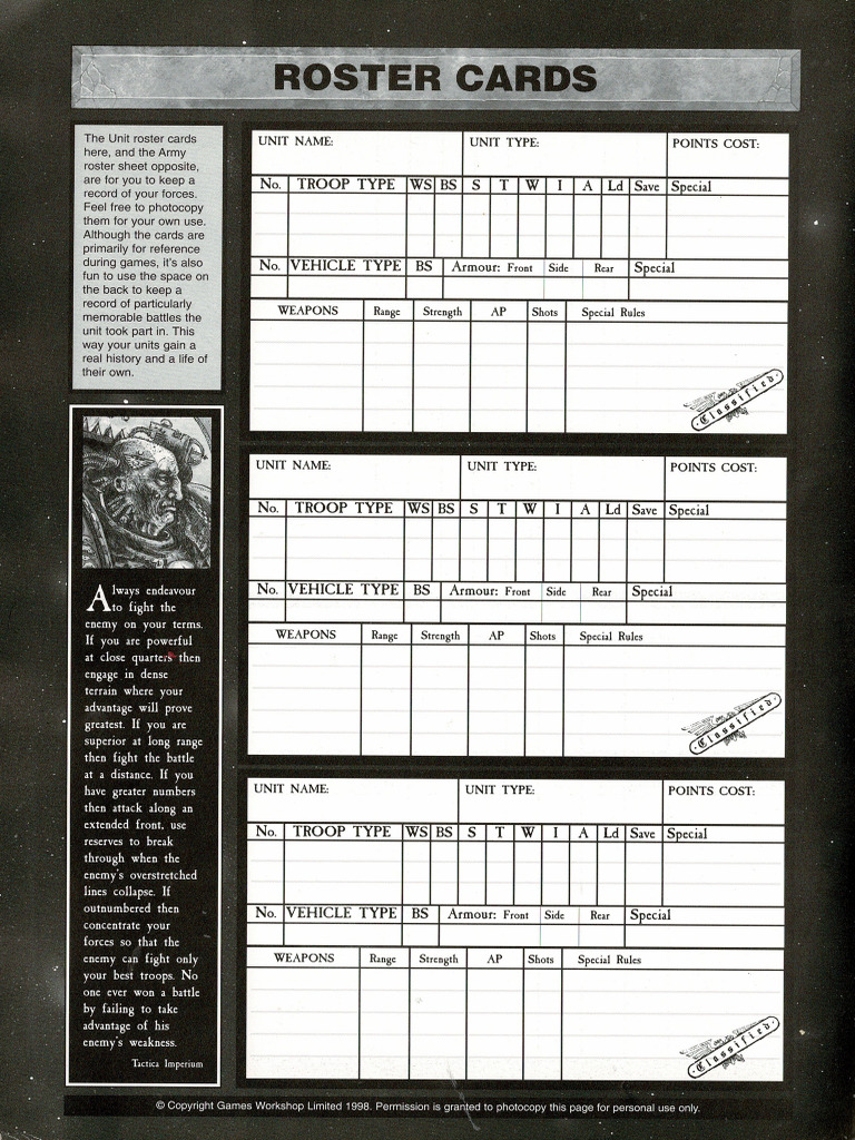40k 3rd Ed Roster Cards | PDF
