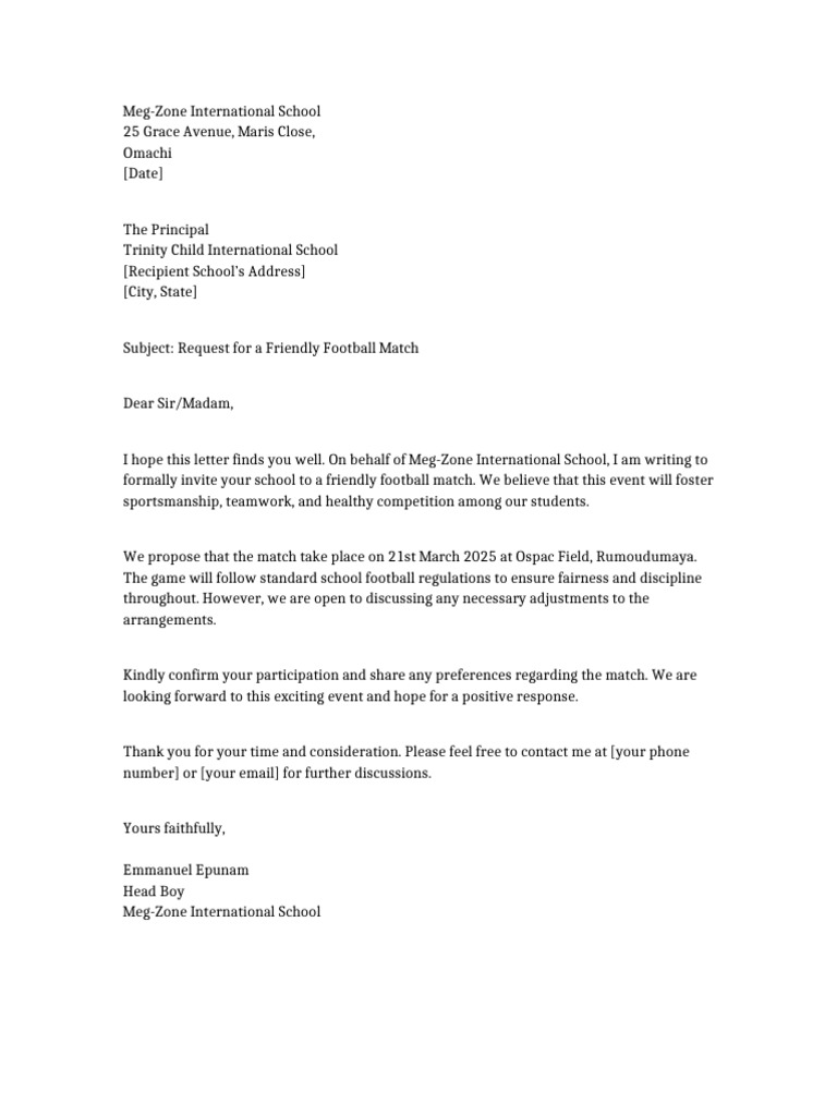 Friendly Football Match Invitation Letter | PDF