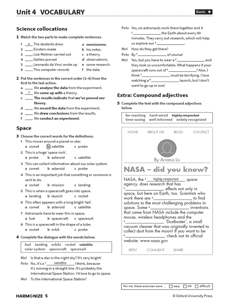 Harmonize 5 TRM Unit 4 Vocab Grammar Worksheets | PDF | Nasa | Spacecraft