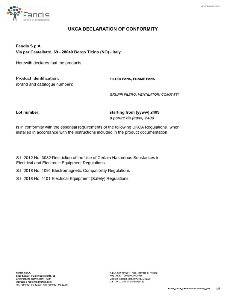 Fandis UKCA DeclarationOfConformity 089 2409 | PDF | Electromagnetic ...