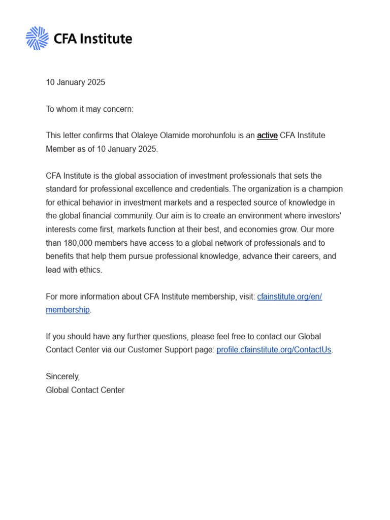 CFA Verification Letter for Olaleye Morohunfolu | PDF