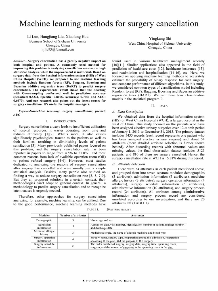 Machine Learning Methods For Surgery Cancellation | PDF | Machine ...