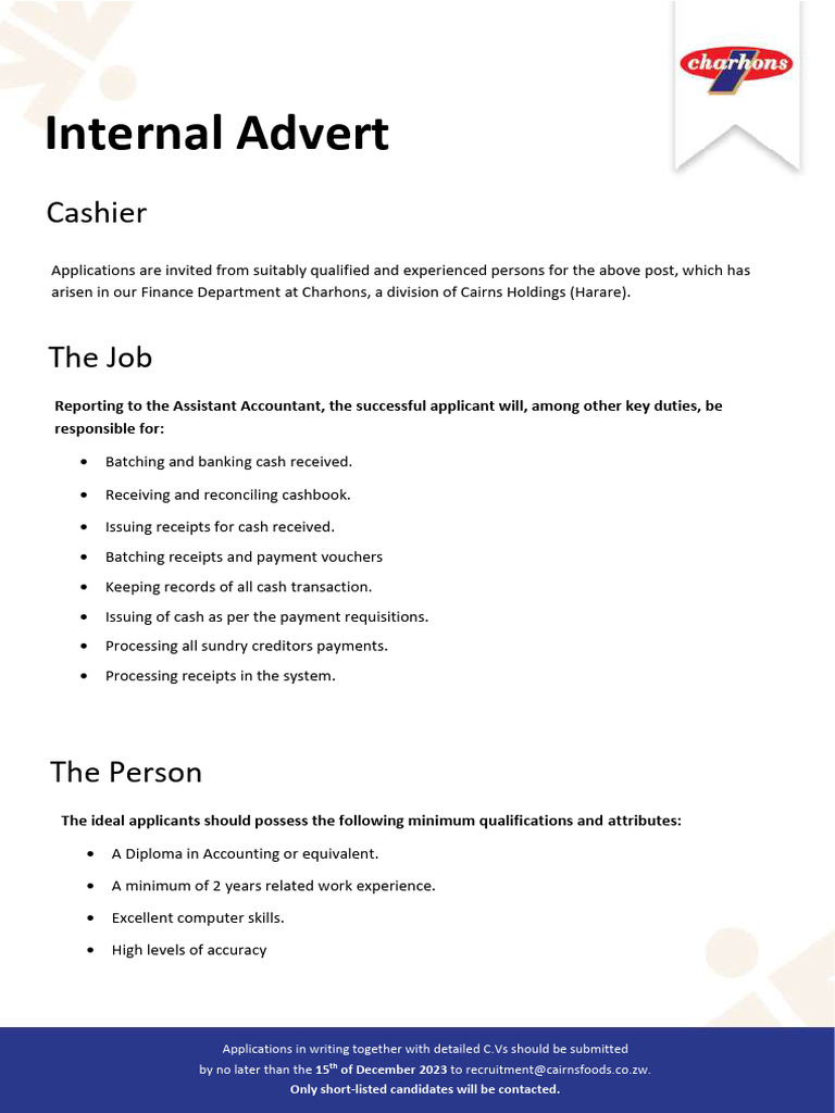 Internal Advert - Cashier | PDF
