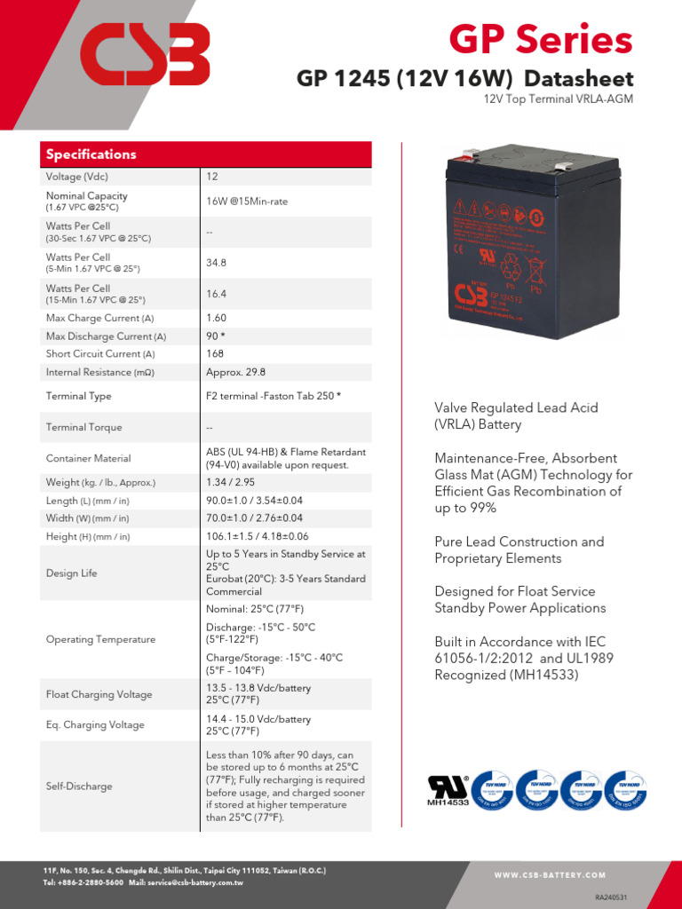 CSB Datasheet GP1245 12V16W - 053124 | PDF | Electromagnetism | Energy ...