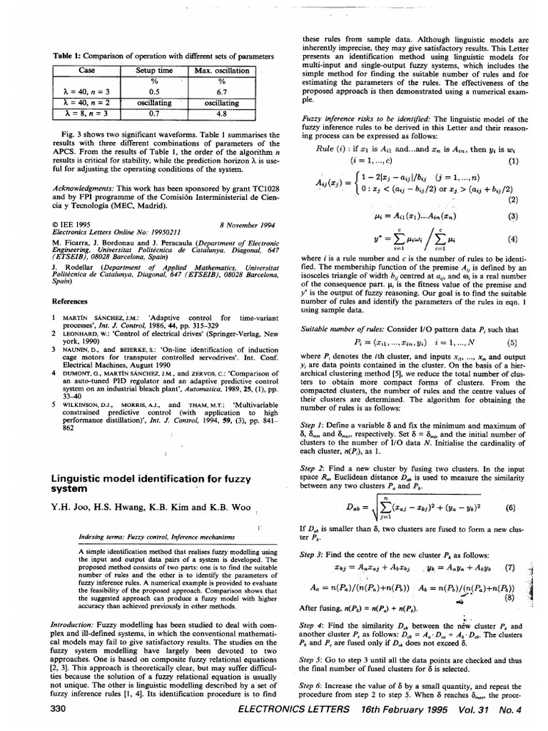 Linguistic Model Identification Fuzzy System Joo 1995 | PDF