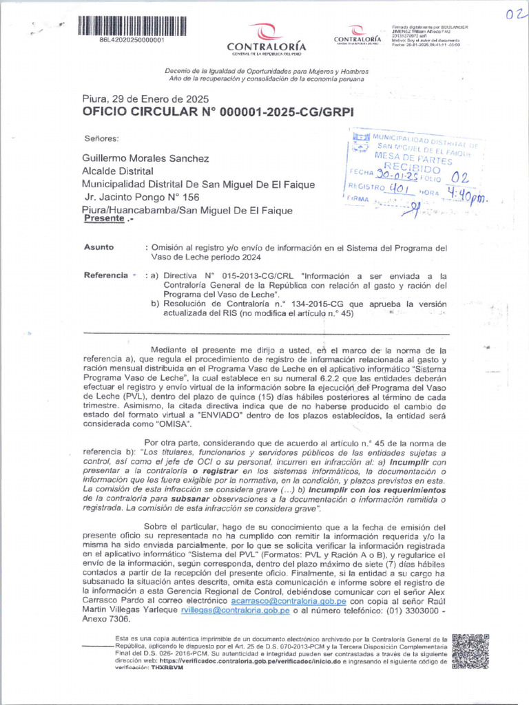 Oficio Circular N°001-2025-Cgr | PDF