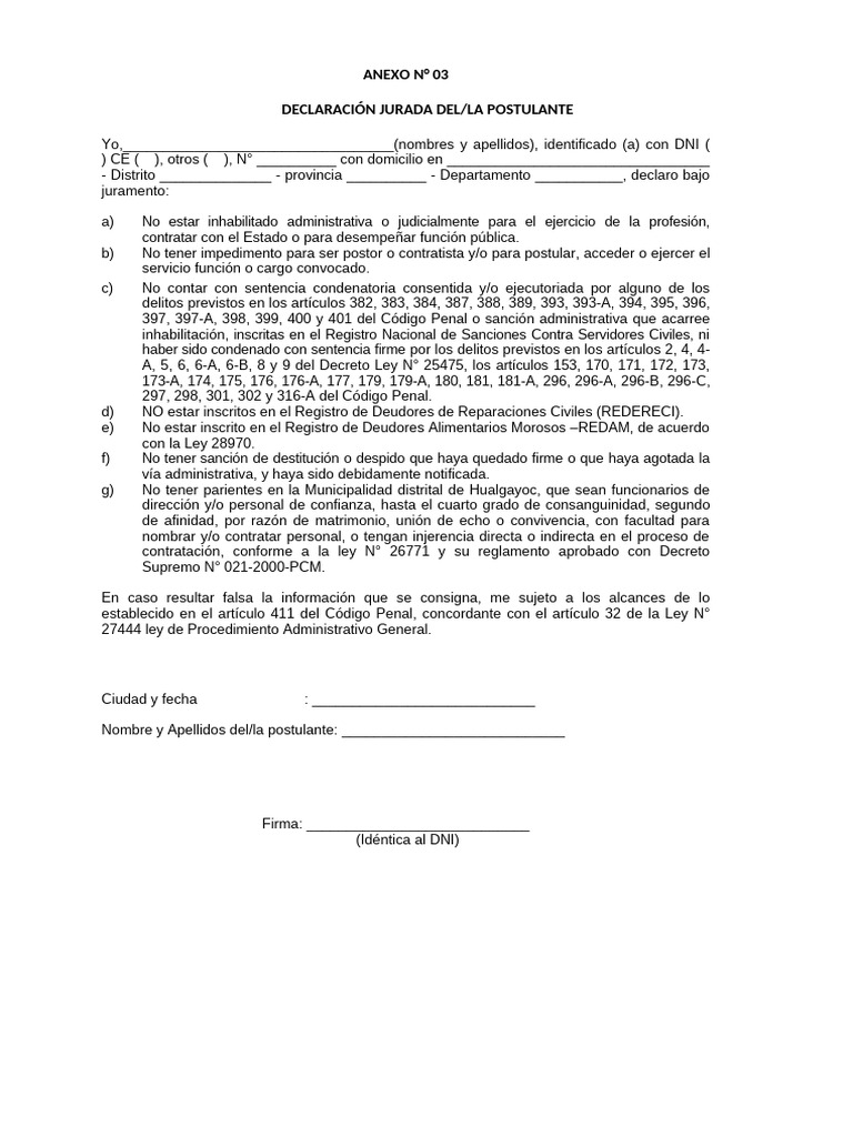 06 Anexo N 03 Declaracion Jurada | PDF | Gobierno