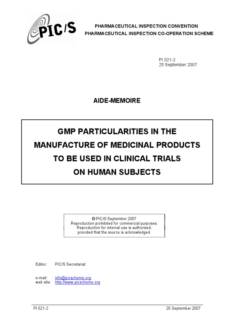 Pi 021 2 Aide Memoire On GMP GCP | PDF | Clinical Trial | Specification (Technical Standard)